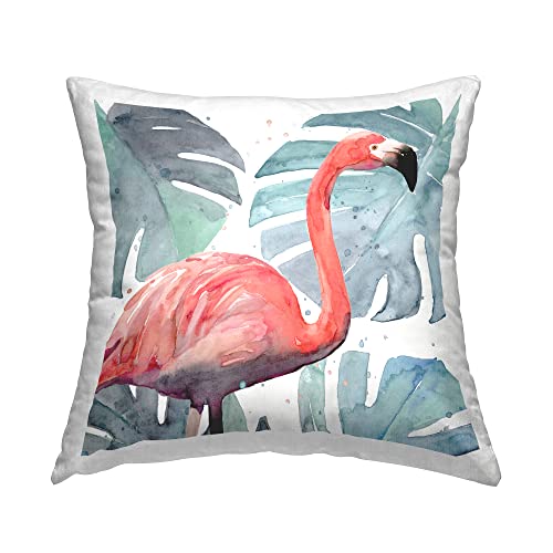 Stupell Industries Tropical Flamingo Lush Green Monstera Plant Leaves Design by Annie Warren Throw Pillow, 18 x 18, Pink