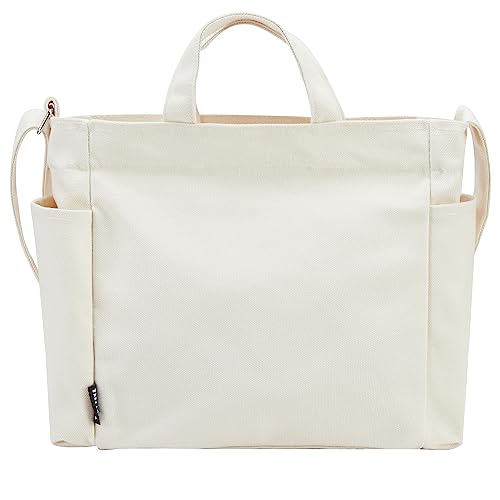 Plusfeel Canvas Tote Bag, Stylish Satchel Bag Lightweight Cotton Cross Body Top Zipper Closure Handbags for Women White