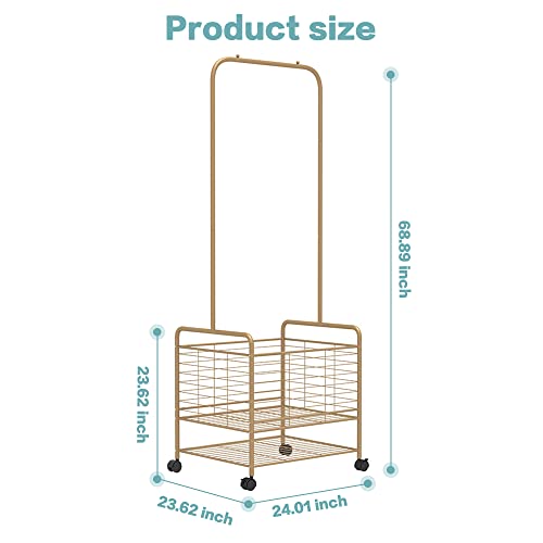 lonmtos Rolling Laundry Cart,Laundry Basket With Wheels And Hanging Rack,Laundry Cart On Wheels,Laundry Cart With Wheels And Hanging Rack,Laundry Organizer With Hanging Rack(Gold)