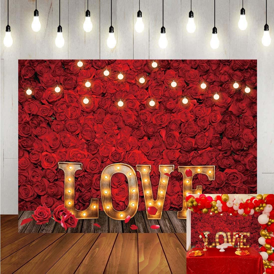 Mother's Day Red Rose Backdrop Rustic Love Rose Flowers Retro Wooden Romantic Photography Background Girls Women Wedding Bridal Shower Party Decoration 7x5FT