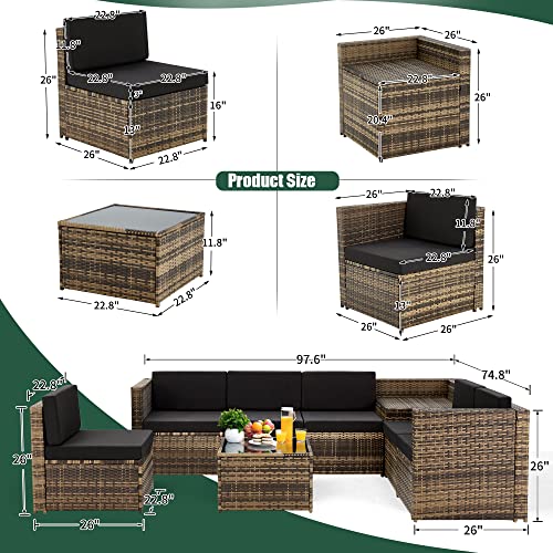 KROFEM 8 Pieces Patio Rattan Furniture Set with Hidden Storage, 7 Sofa Sections, Outdoor Wicker Conversation Set, Natural Color Rattan with Dark Grey Cushion