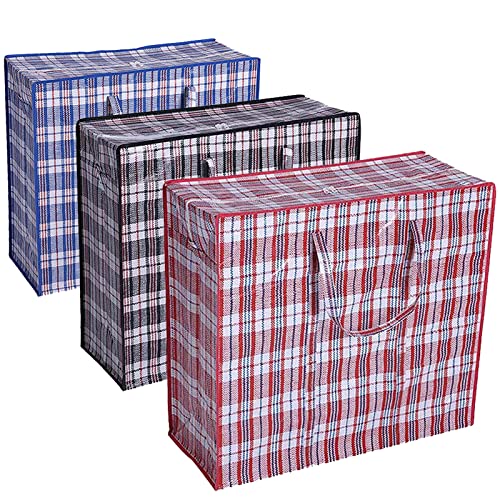 Winghin 3 Pack Extra Large Moving Bags with Double Zippers Carrying Handles, Heavy-Duty Storage Tote Plastic Checkered Laundry Shopping Bags, Size 27.5" X 29.5" X 11.8" , Color Red Black Blue