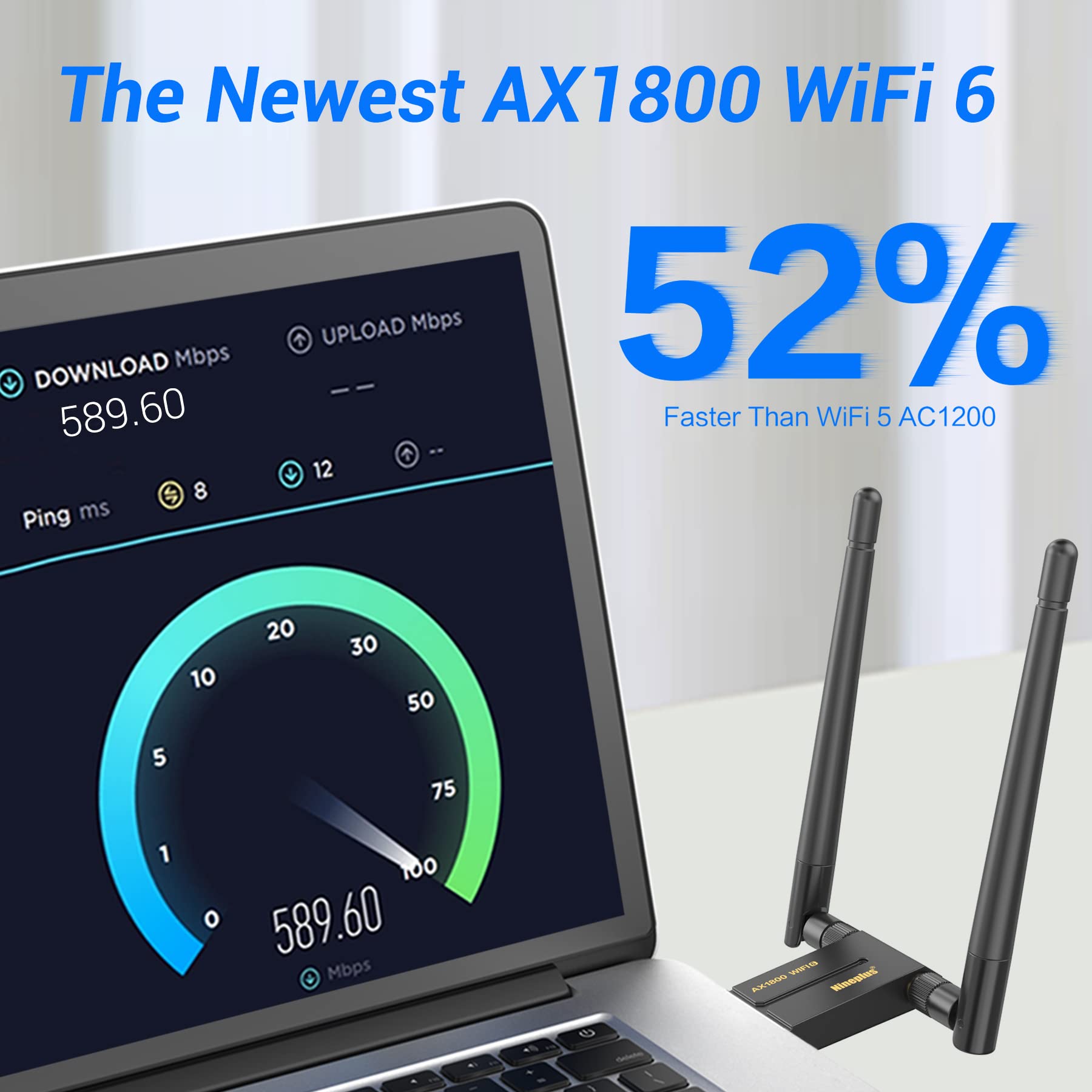 Nineplus 1800Mbps Wireless USB WiFi 6 Adapter for Desktop - 802.11ax USB WiFi Adapter for Desktop PC Laptop with 5Ghz 2.4Ghz,High Gain 5dBi Antenna wireless adapter computer supports win 10/11