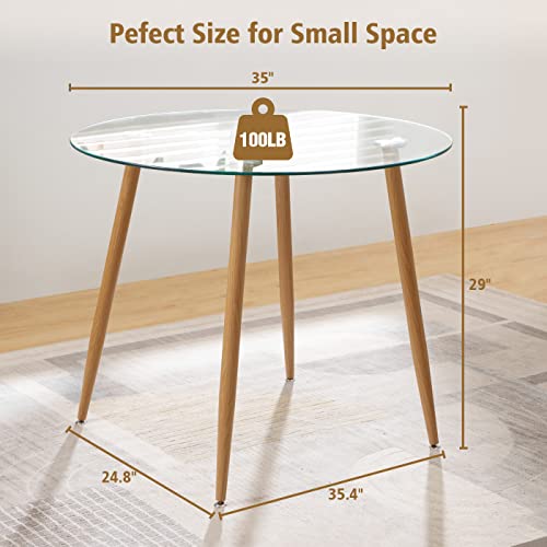 STYLIFING Round Glass Dining Table - Tempered Glass Kitchen Table Dining Room Table - Modern Small Round Dining Table for 4 with Wood Printed Transfer Metal Leg Coffee Dinner Table for Living Room
