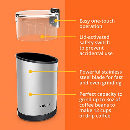 Krups Fast-Touch Stainless Steel Coffee and Spice Grinder 3oz, 85 gr bean hopper Easy to Use, One Touch Operation 200 Watts Coffee, Espresso, French Press, Spices, Dry Herbs, Nuts, 12 cups Silver