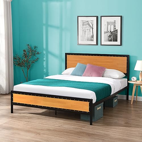 Prohon Bed Frame Queen Size with Rustic Headboard and Nailhead Trim Footboard, Strong Steel Slat Support, Metal Platform Bed with 11β Storage Space, Silent Design Bedframe for Adults, Teens & Kids