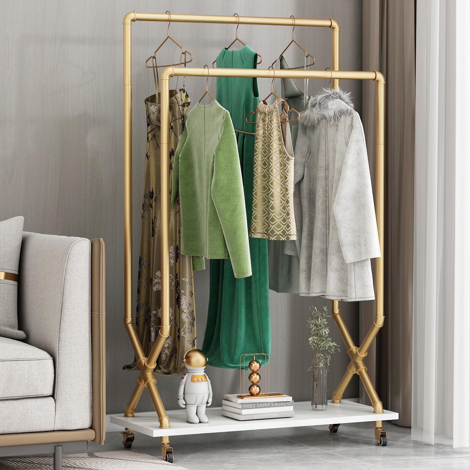 ORSENIGO Industrial Pipe Clothing Rack with Double Rods for Hanging Clothes, Heavy Duty Rolling Clothes Rack with Shelf for Home Boutique Retail Use (Gold)