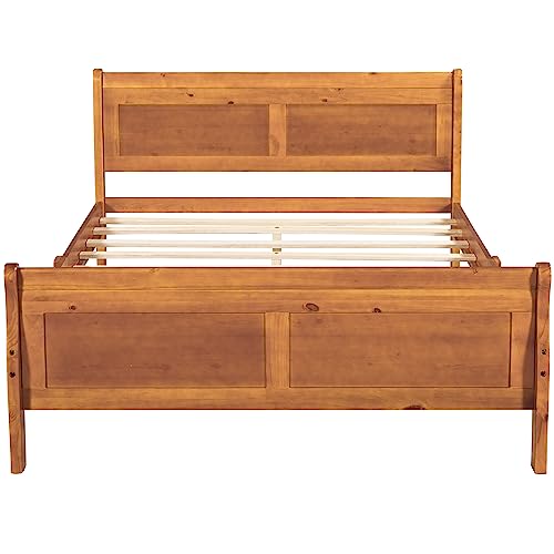 OTRIEK Queen Size Wooden Platform Bed Frames with Headboard/Footboard, Simple Modern Country Platform Bed with Sturdy Solid Wood Slat Support for Bedroom Small Living Space Boys Girls (Oak, Full)