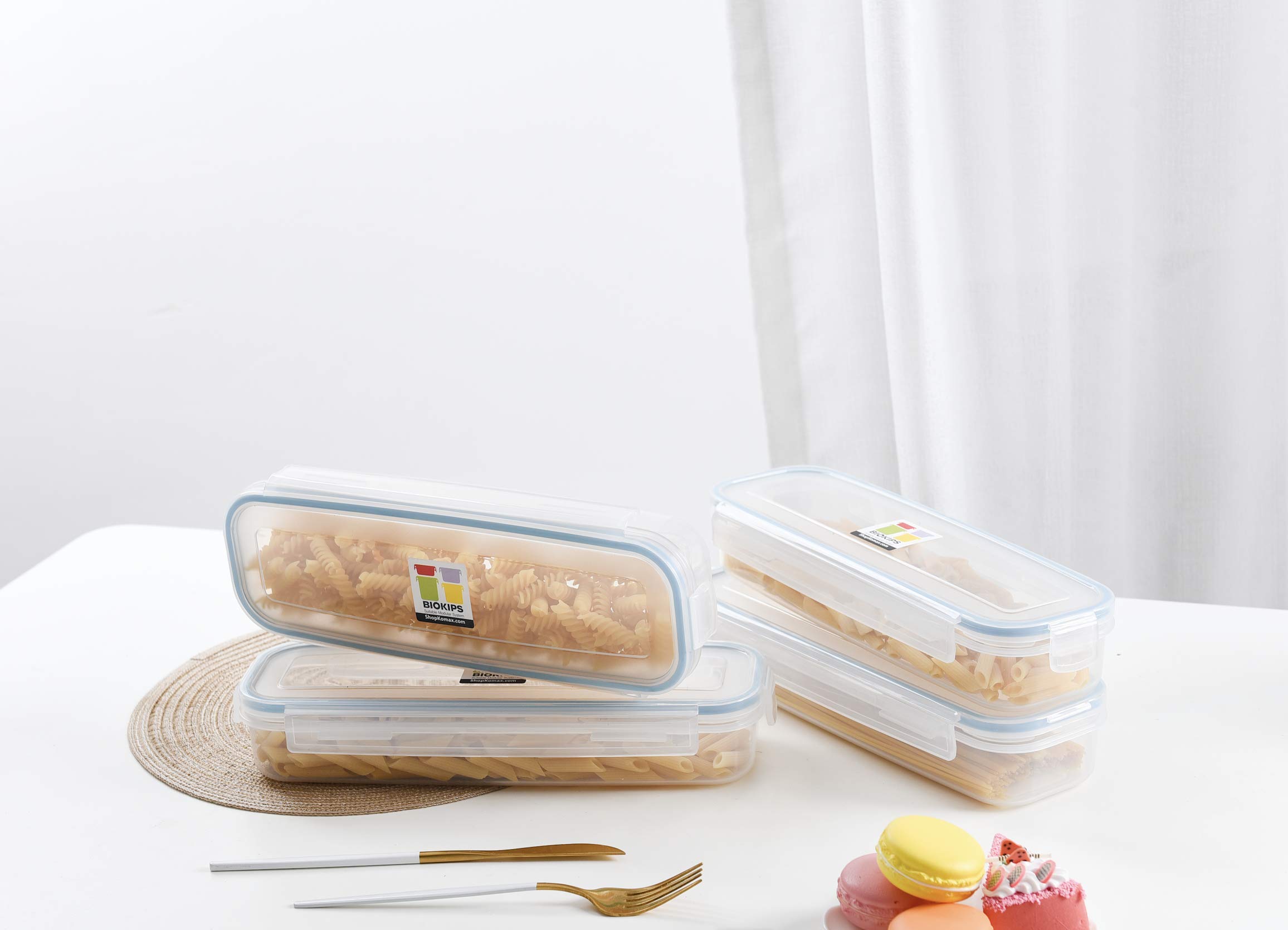Komax Biokips Pasta Storage Containers Set of 4 – BPA-Free Rectangular Plastic Containers with Lids – Microwave & Dishwasher Safe Airtight Containers – Noodle, Pasta, & Spaghetti Container (33 oz)