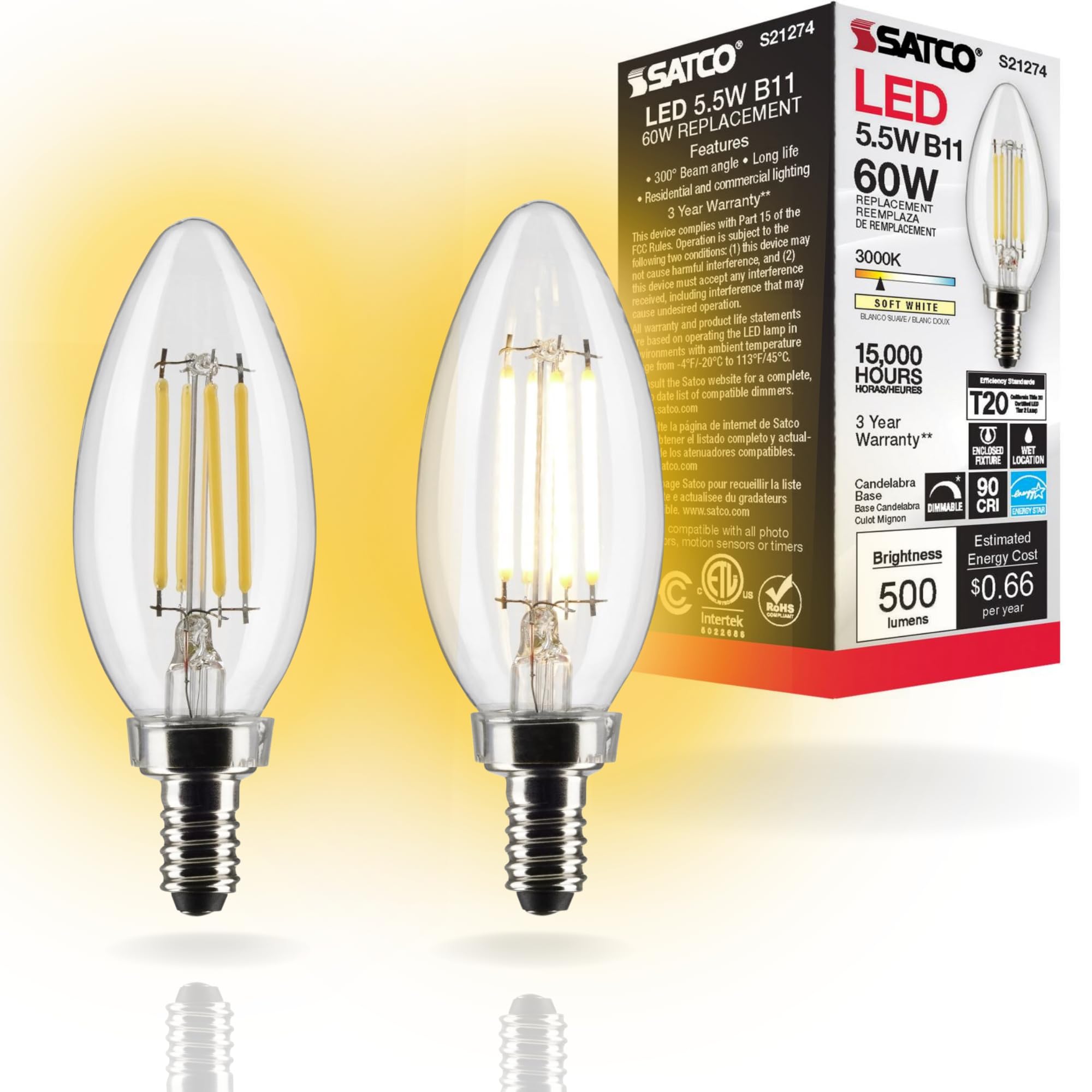 Satco S21274 5.5 Watt B11 LED Bulb - 3000K - 120 Volt (2 Pack)