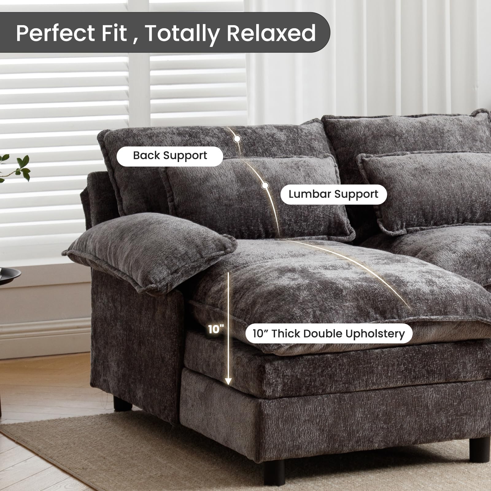 Siiejia U Shape Cloud Couch, 4 Seats Comfy Sectional Sofa Couches for Living Room, Modular Chenille Sofas with Double Reversible Chaise for Spacious Space Apartment, Grey