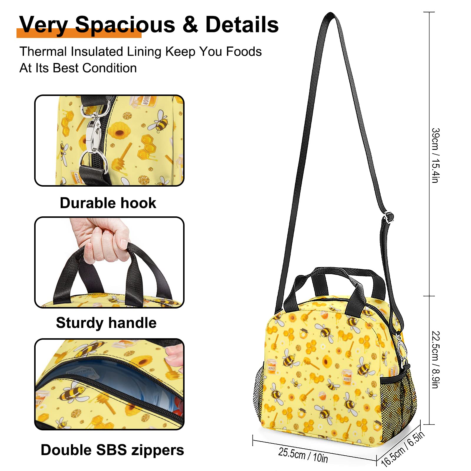 Lamtwbos Cute Yellow Bee Insulated Lunch Bag for Girls Lightweight Lunch Box with Adjustable Shoulder Strap Thermal Lunch Tote Bag Women for Work Picnic