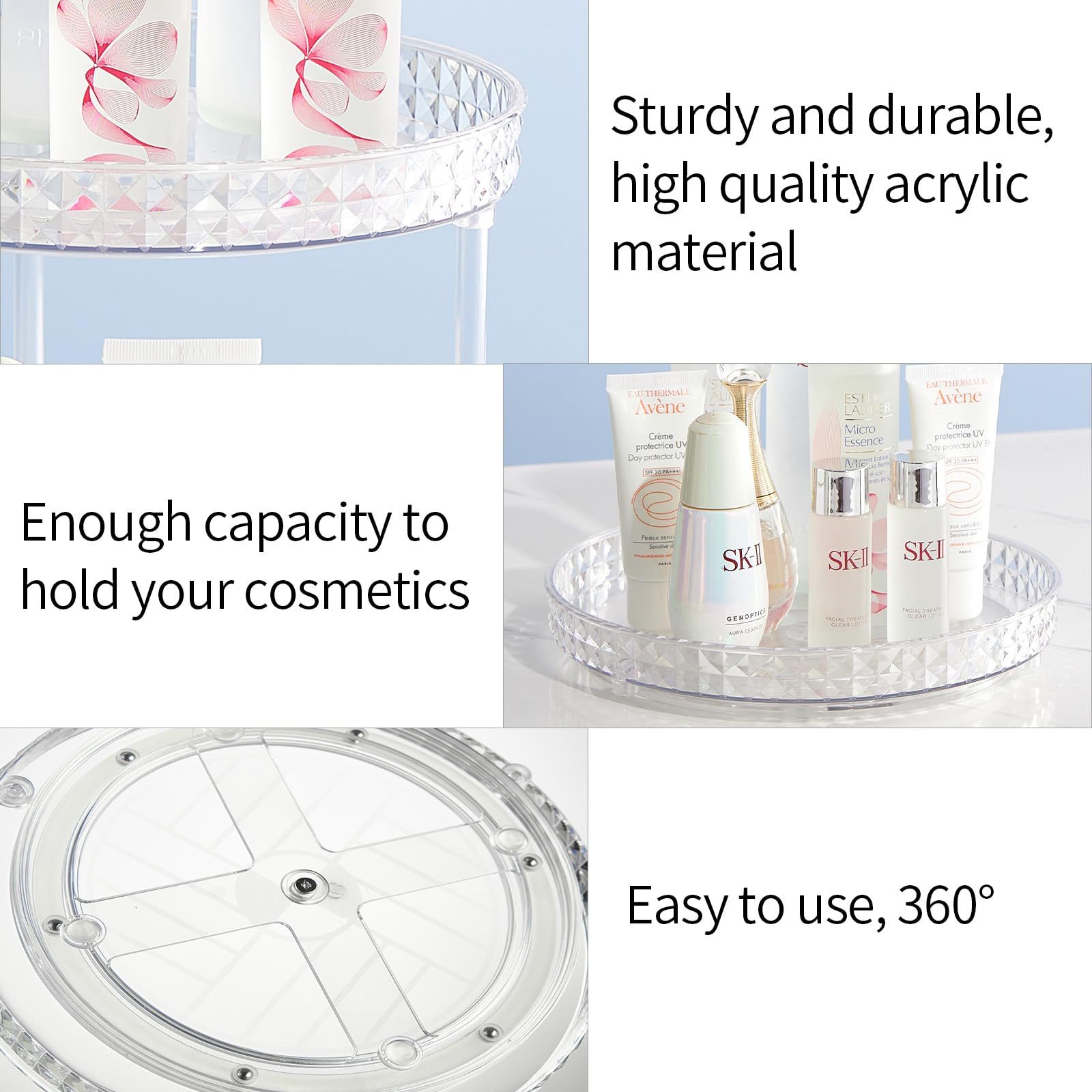 KSDSOAM 3 Tier 360 Rotating Makeup Organizer and Storage,Skincare Organizers Cosmetic Display Case Perfume Holder Rotating Tray Storage Carousel for Vanity Bathroom Organizer Countertop(Clear)