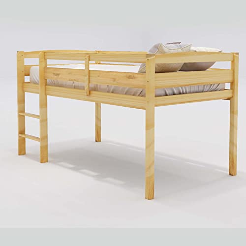 OTRIEK Twin Size Low Wood Loft Bed Frame with Ladders and Guard Rails for Boys Girls and Junior, No Box Spring Needed, Under Bed Storage (Walnut)