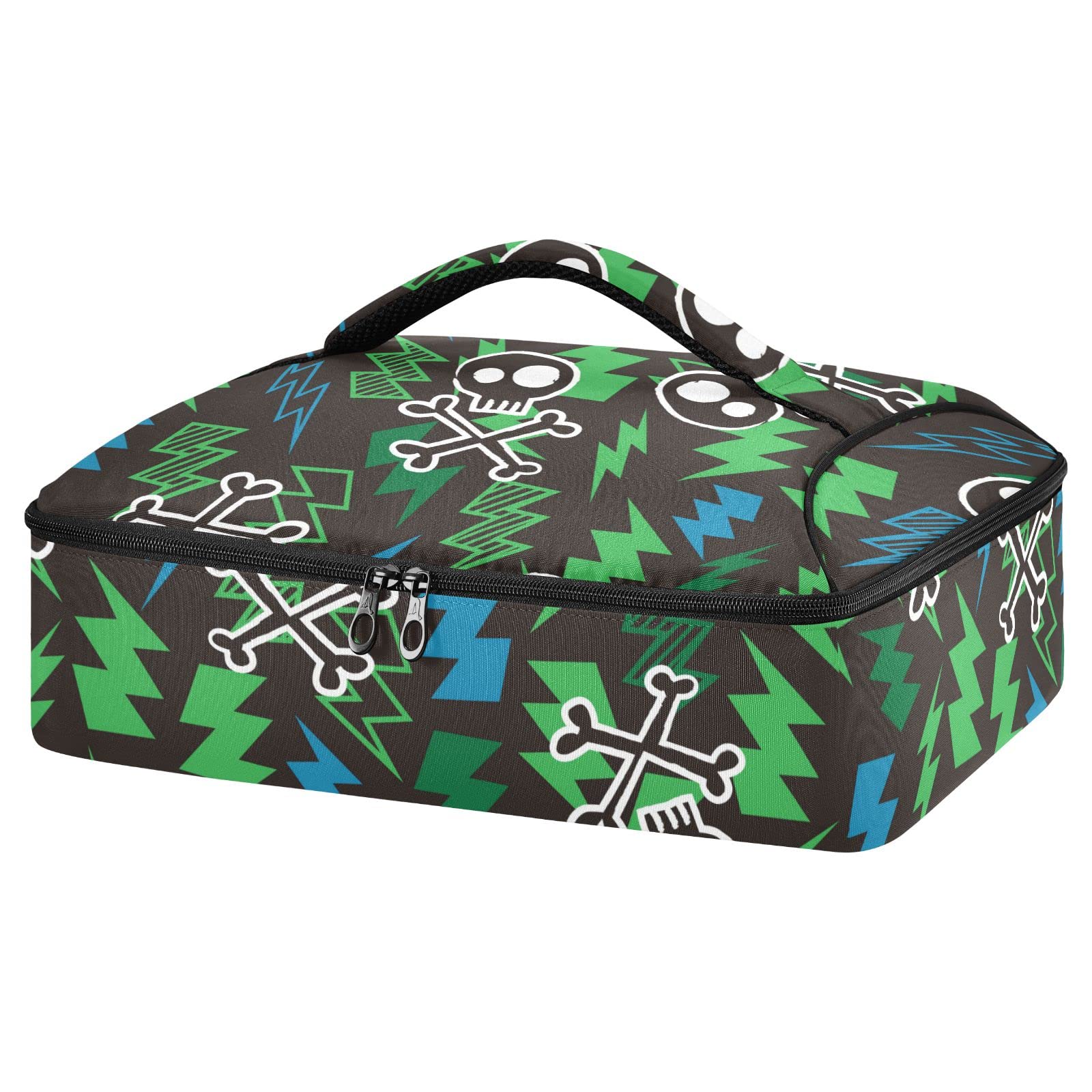 NFMILI Casserole Carrier for Hot Cold Cute Skull Lightening Print, Insulated Food Delivery Bag Reusable Warmer Carrier Bag with Inner Pocket Aesthetic Print 15.75×11.81×3.94 inch