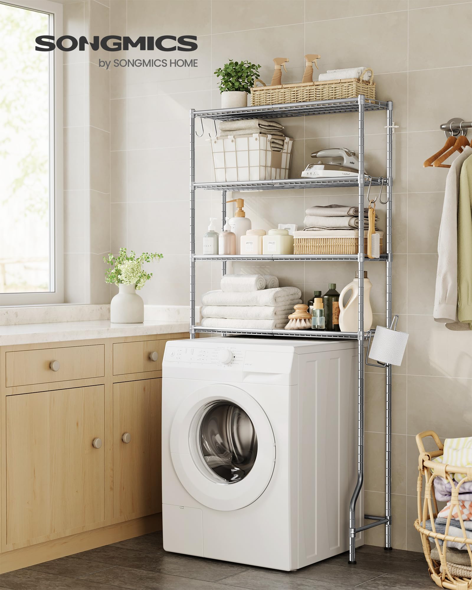 SONGMICS 4 Tier Over The Toilet Storage, Metal Storage Rack, Adjustable Shelves, 4 Hooks, Roll Holder, Space-Saving Bathroom Storage Shelf Organizer, 11.8 x 32.7 x 69.3 Inches, Silver Gray UBTS023G01
