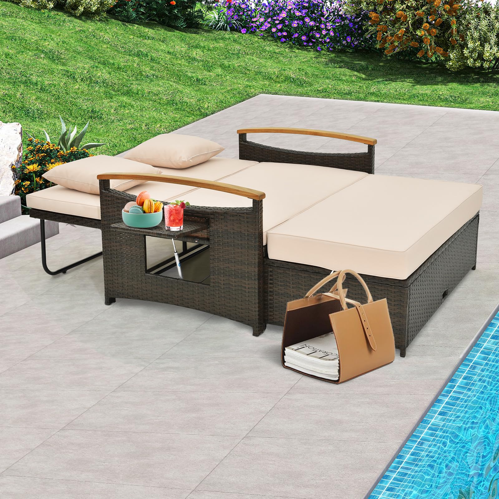 Tangkula Patio Rattan Daybed Set with Cushioned Loveseat and Storage Ottoman, Outdoor Double Chaise Lounger with 4-Level Adjustable Backrest and Retractable Side Trays for Backyard (Beige)