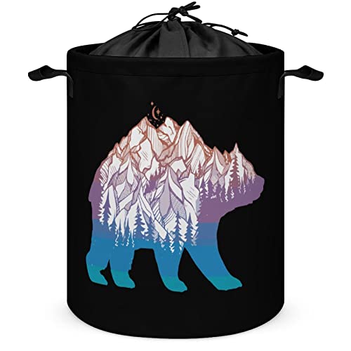 Mountain Bear Laundry Basket Round Collapsible Storage Bin with Drawstring and Handle for Bedroom Bathroom Toys Room 17.3" X 13.8"