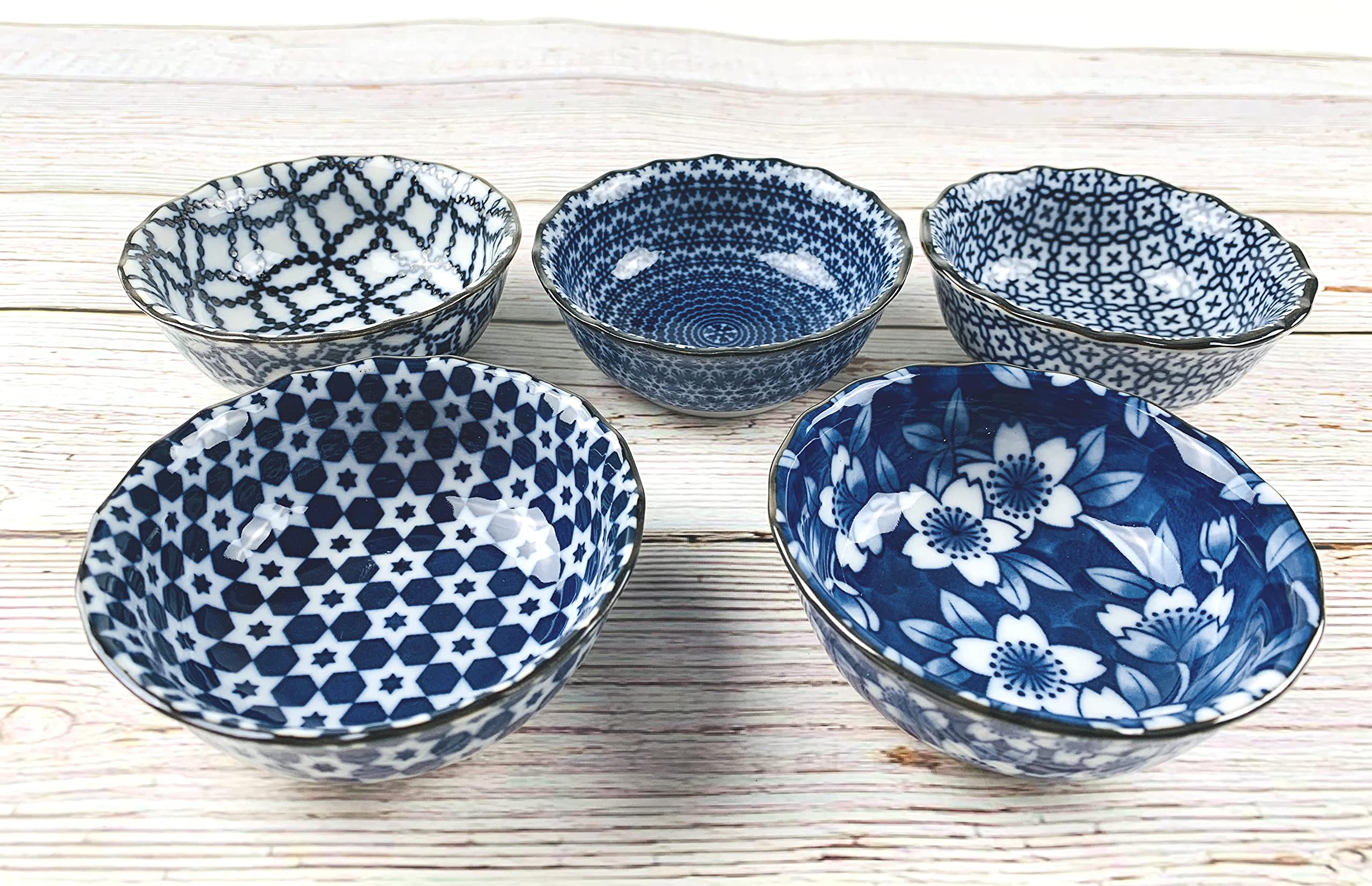 JapanBargain 4683, Set of 5 Japanese Porcelain Bowl Set Gift Set,Traditional Japanese Inspired Pattern Bowls, Made in Japan, 4-1/2" Diameter