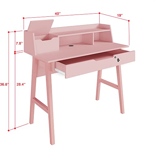 Roma Writing Desk - Elegant Wood Study Desk With Storage, Cable Holes & Drawers - Work Table for Home, Office, Dorm, Small Spaces - Compact Black Desk, 40x19x36.9β (pink)