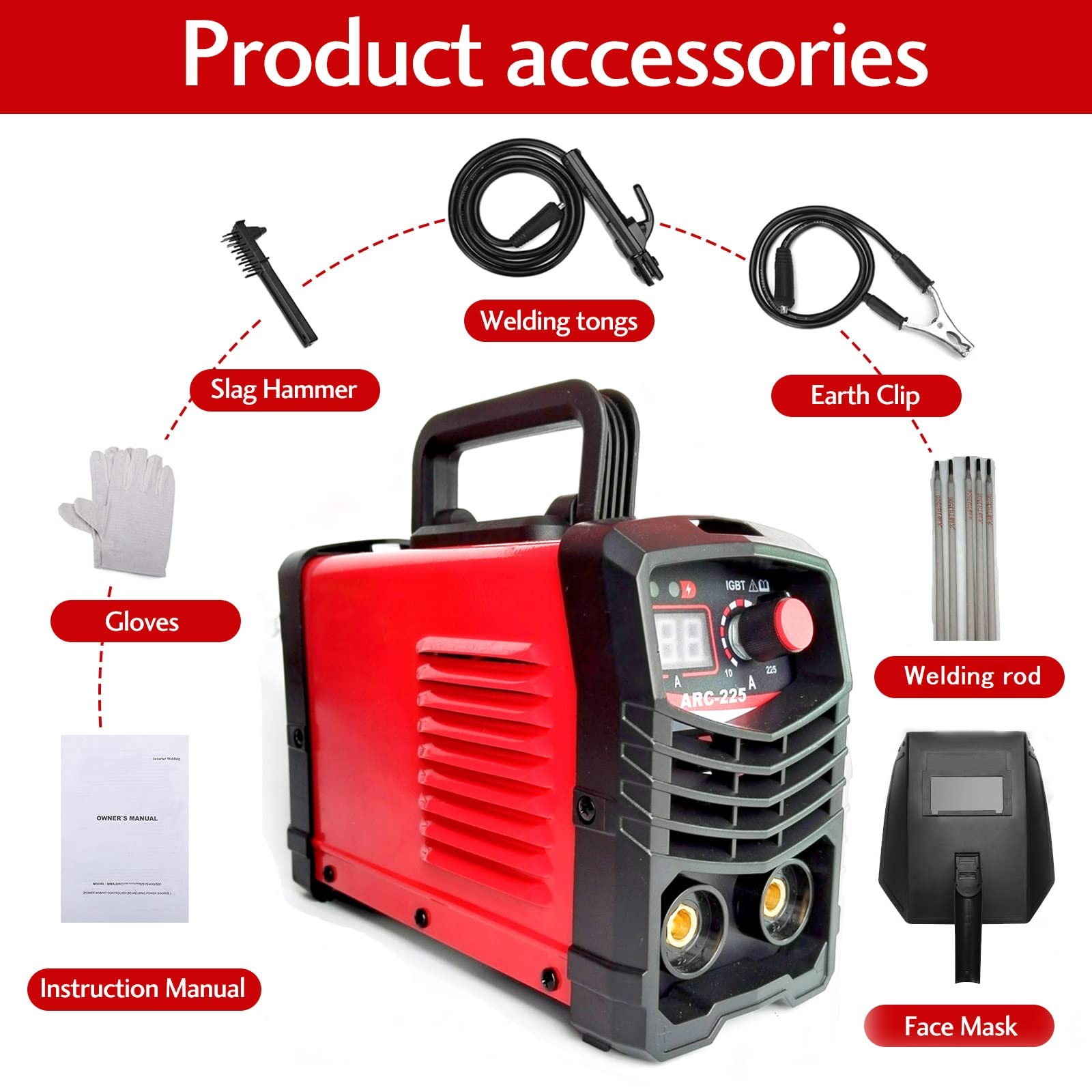 Mini Welding Machine 110V Plug, 225A Stick ARC Welder Machine IGBT Digital Smart VRD Hot Start with Wire、Tongs, Ground Wire, Clip, Mask and Gloves.fits Below 3.2mm Welding rods