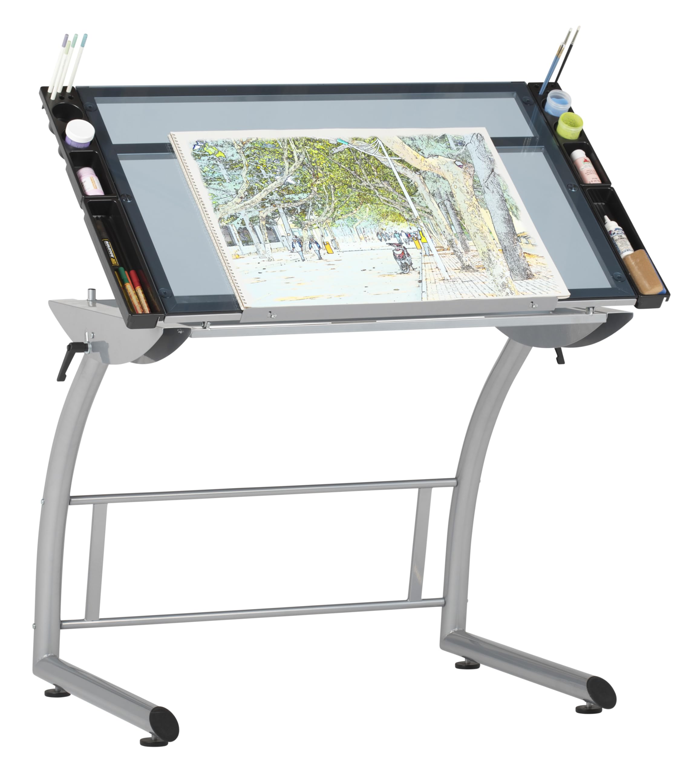 SD Studio Designs Triflex Drawing Table, Sit to Stand Up Adjustable Office Home Computer Desk, 35.25" W X 23.5" D, Silver/Blue Glass
