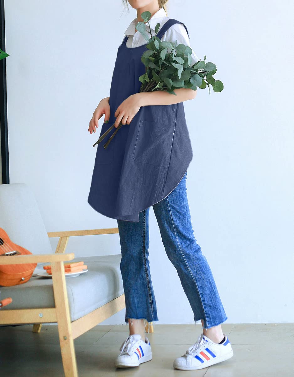 losofar Soft Cotton Linen Apron Cross Back X-Shaped Japanese Style Pinafore Dress for Cooking, Housewarming, Daily Chores (darkblue, (28.3"x 35.4"))