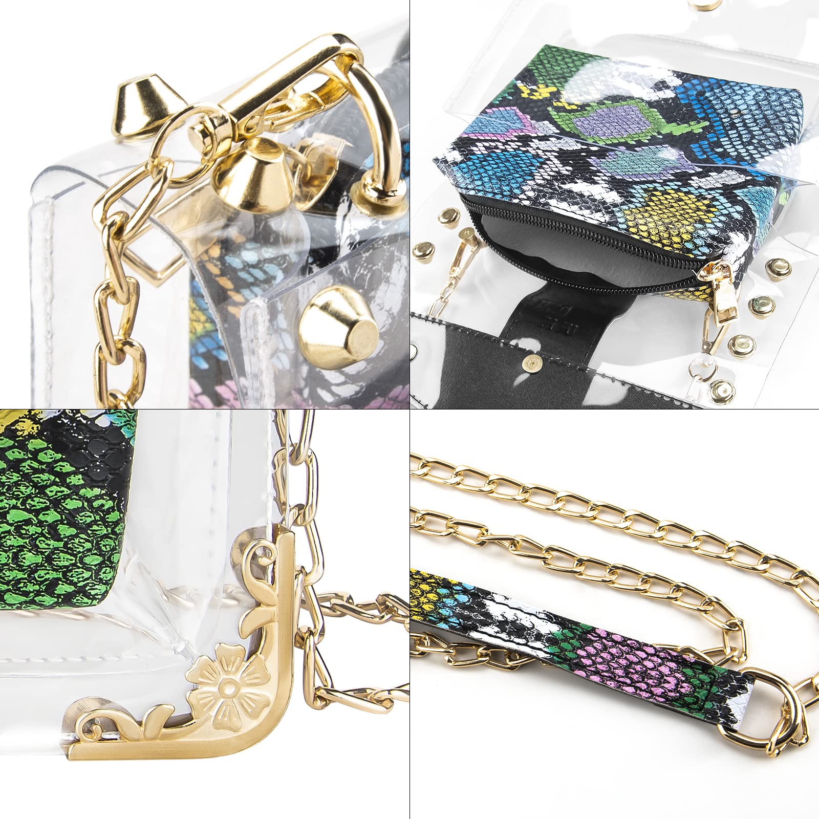 Linkidea Clear Purse, 2 in 1 Transparent Shoulder Crossbody Bag, Fashion Snakeskin Pattern Rivet Chain Clutch for Women (Multi)