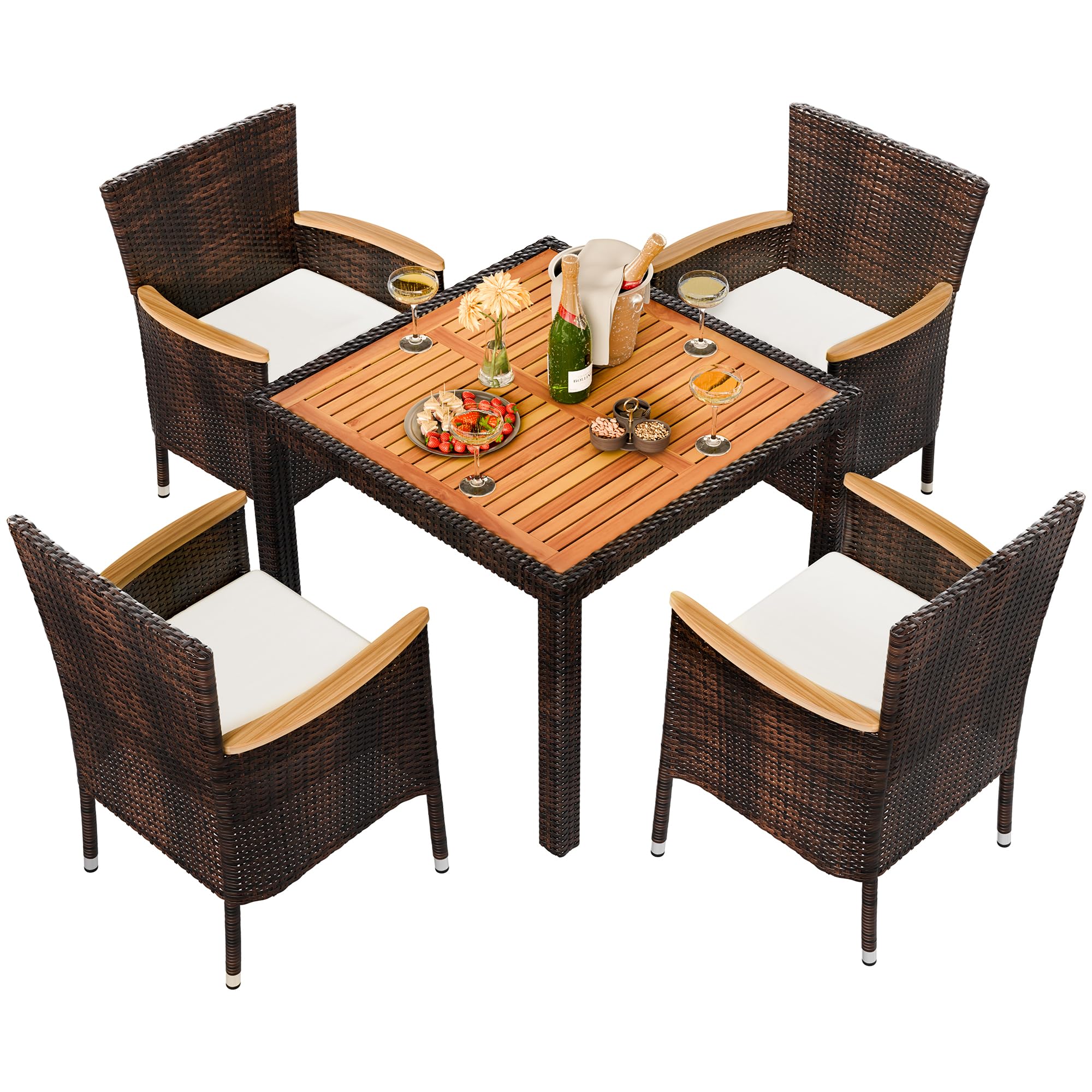 Shintenchi 5 Piece Patio Dining Set, Wicker Patio Conversation Set with Wood Table Top, Outdoor Table and Chairs with Soft Cushions for Backyard, Deck and Garden, Brown Rattan