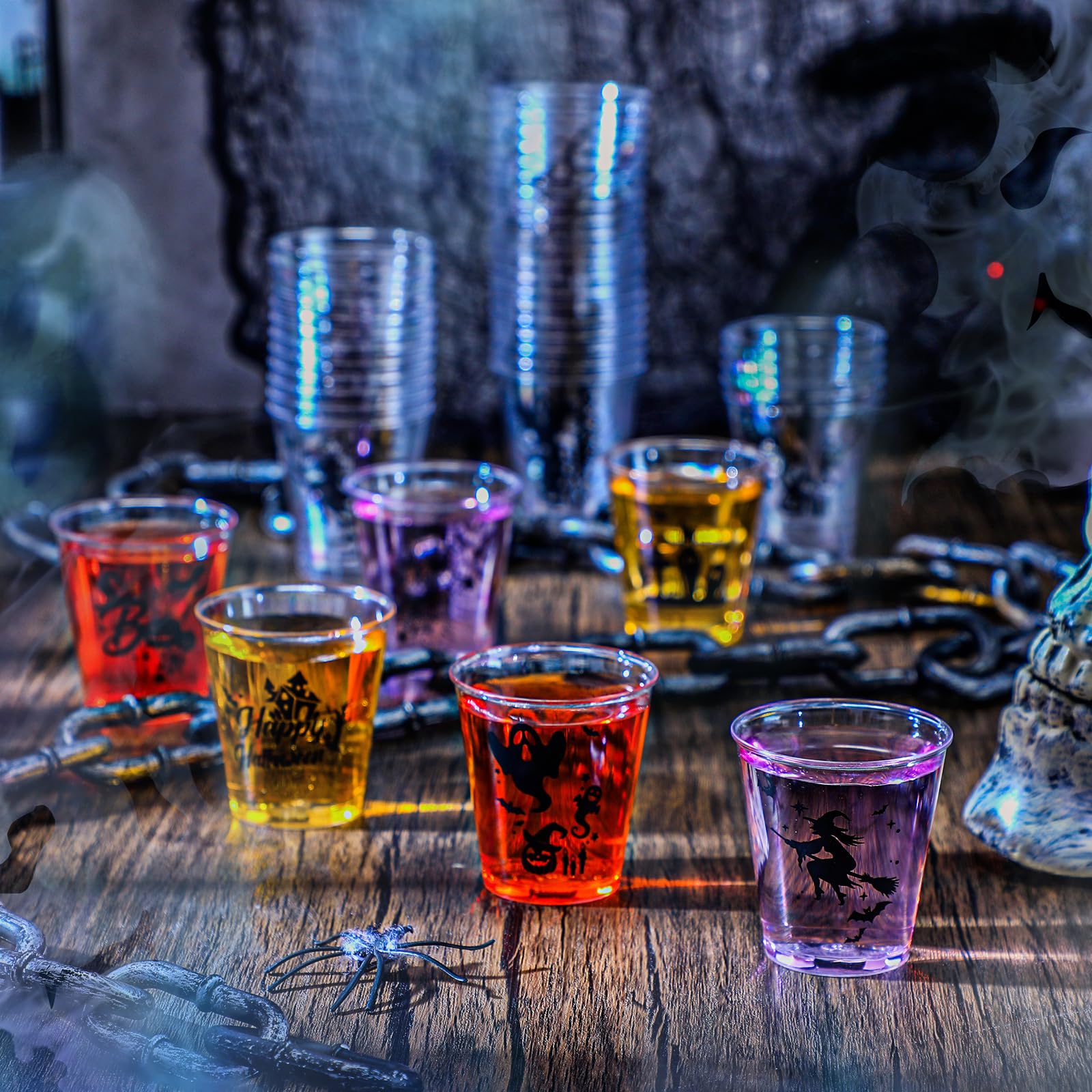 Roshtia 120 Pieces Halloween Plastic Shot Glasses Disposable Cups 2oz Pumpkin Ghost Witch Bat Printed Plastic Cups for Halloween Party Supplies Beverage Ice Cream Snacks Candy Favors, 6 Styles