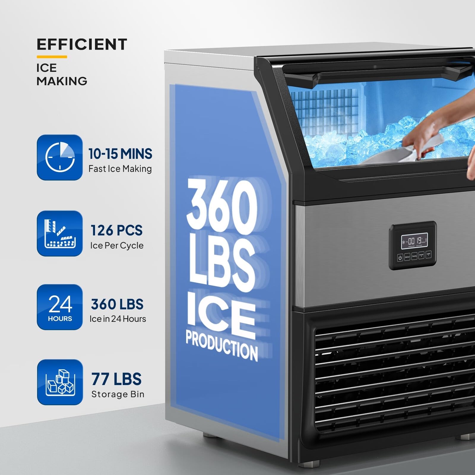 ROVSUN 360lbs/24h Commercial Ice Maker, Freestanding Ice Machine with LED Control Panel & 77lbs Storage Bin, Perfect for Restaurant Bar Cafe Home Office, Includes Scoop & Connection Hose