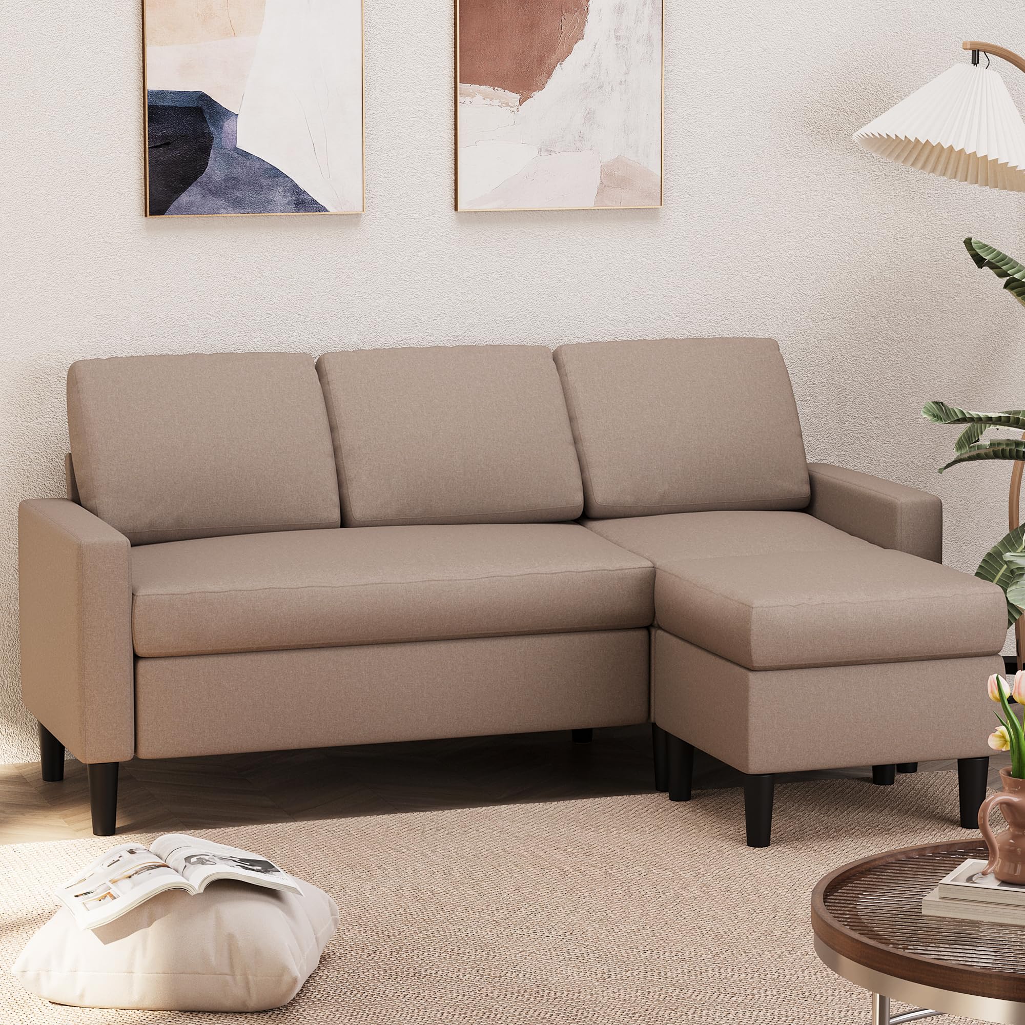 Shintenchi 74" Convertible Sectional Sofa Couch, Small 3-Seat L-Shaped Sofa with Modern Linen Fabric Upholstered, Space-Saving Sofa with Reversible Chaise for Living Room Apartment(Dark Beige)