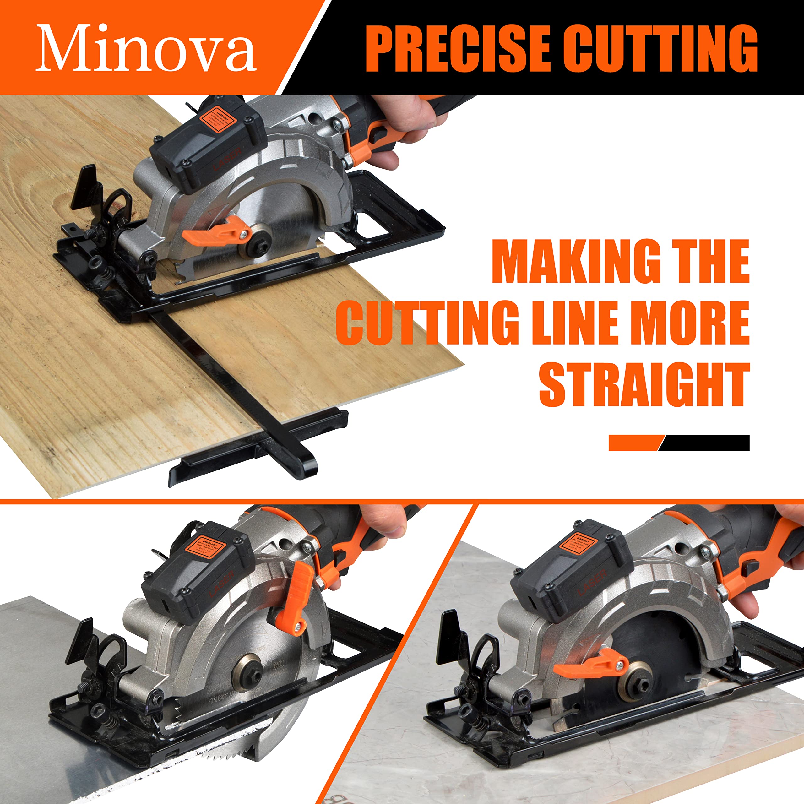 MINOVA Cordless Circular Saw, 20V 4-1/2'' Handiness Mini Circular Saw, Compact Circular Saw with 4.0 Ah Lithium Battery, Fast Charger, Laser &Parallel Guide, 3 Multifunction Cutting Blades