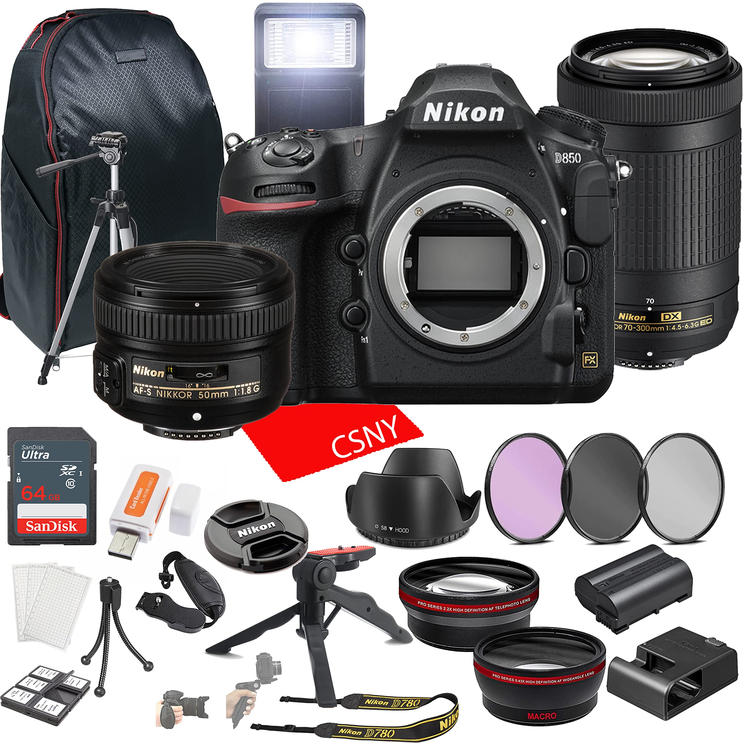 Nikon D850 DSLR Camera with 50mm F/1.8D Lens & 70-300mm Lens + 64GB Memory + Back Pack Case + Tripod, Lenses, Filters, & More (28pc Bundle)