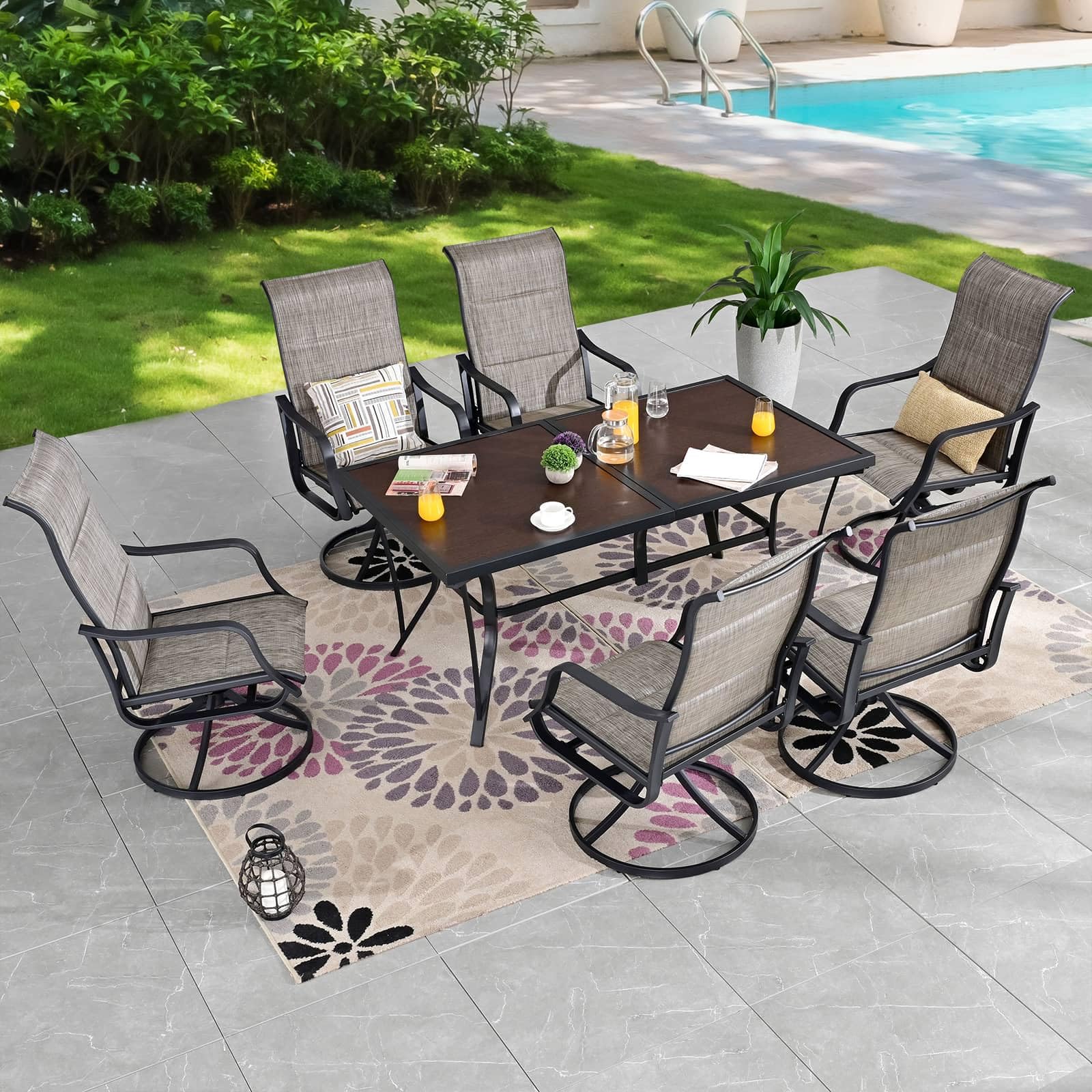 PatioFestival Patio Dining Set 7 Pieces Metal Outdoor Furniture Sets with Swivel Chairs Rectangular Outdoor Table (Grey)