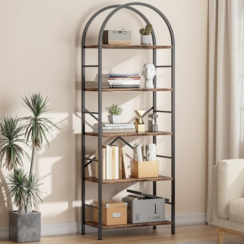 Shintenchi Bookshelf, Arched Bookshelf 5 Tier Bookcase, Tall Bookcase Shelf for CDs/Books, Home Office Bookcase Shelf Storage Organizer, Modern Book Shelf for Bedroom/Living Room, Rustic Brown