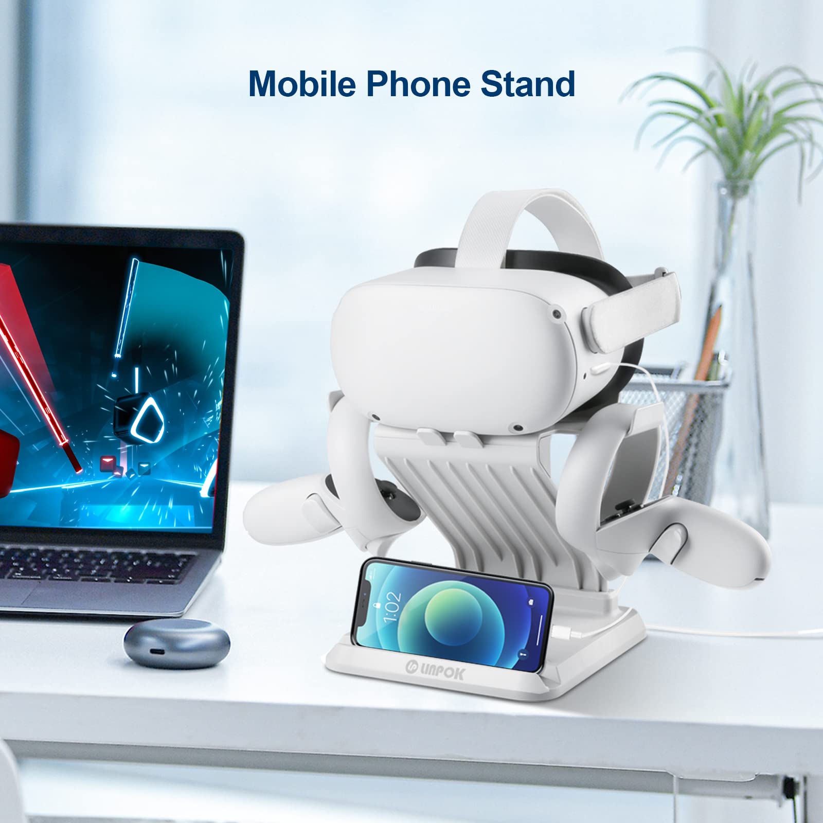 LINPOK Charging Dock with Wireless Charging for Oculus Quest 2/Meta Quest 2 Stand Accessories Compatible with VR Headset and Touch Controllers, Phone Holder Charging Station