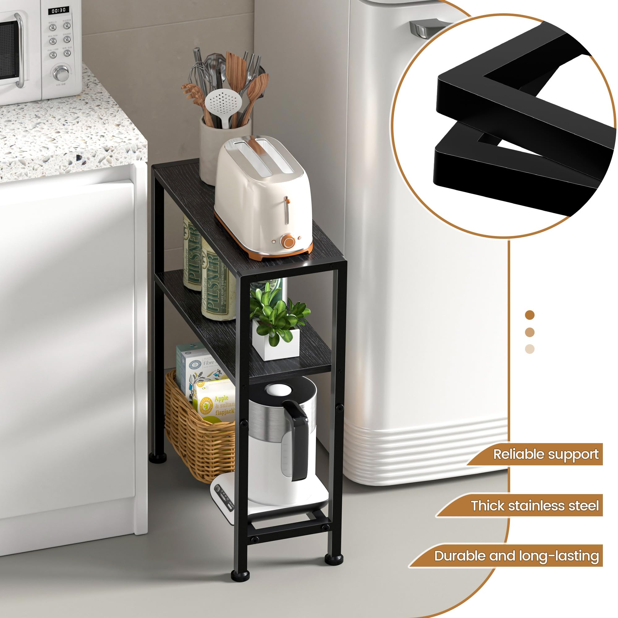 Narrow Side Table with Storage Shelf, 3-Tier Slim End Table for Small Space, Small Bedside Table, Skinny Nightstand with Magazine Rack in Living Room, Bedroom, Study, Kitchen, Balcony (Black)