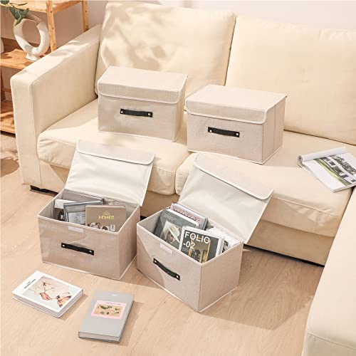 mee'life Foldable Storage Boxes with Lids 2 Pack Fabric Storage Bins with Lids, Closet Organizers for Clothes Storage, Room Organization, Office Storage, Toys - Beige