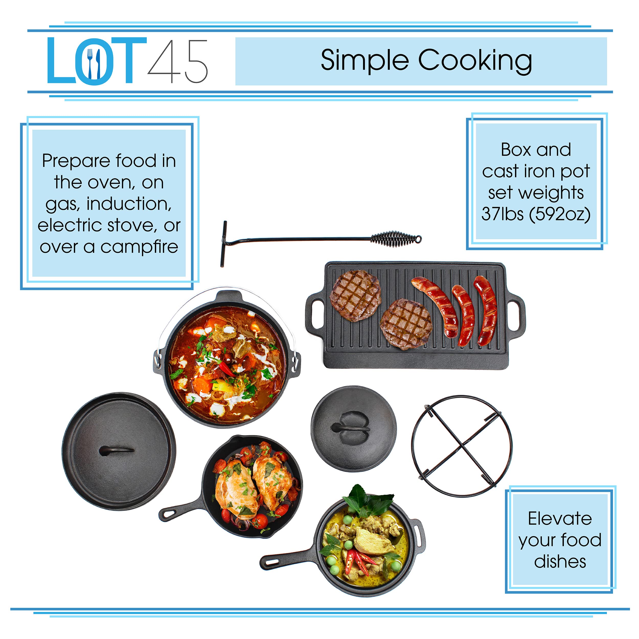 Lot45 Dutch Oven Camping Cooking Set 7pc Cookware - Cast Iron Griddle, 4.5qt Dutch Oven, Frying Pan, 2.5qt Sauce Pan