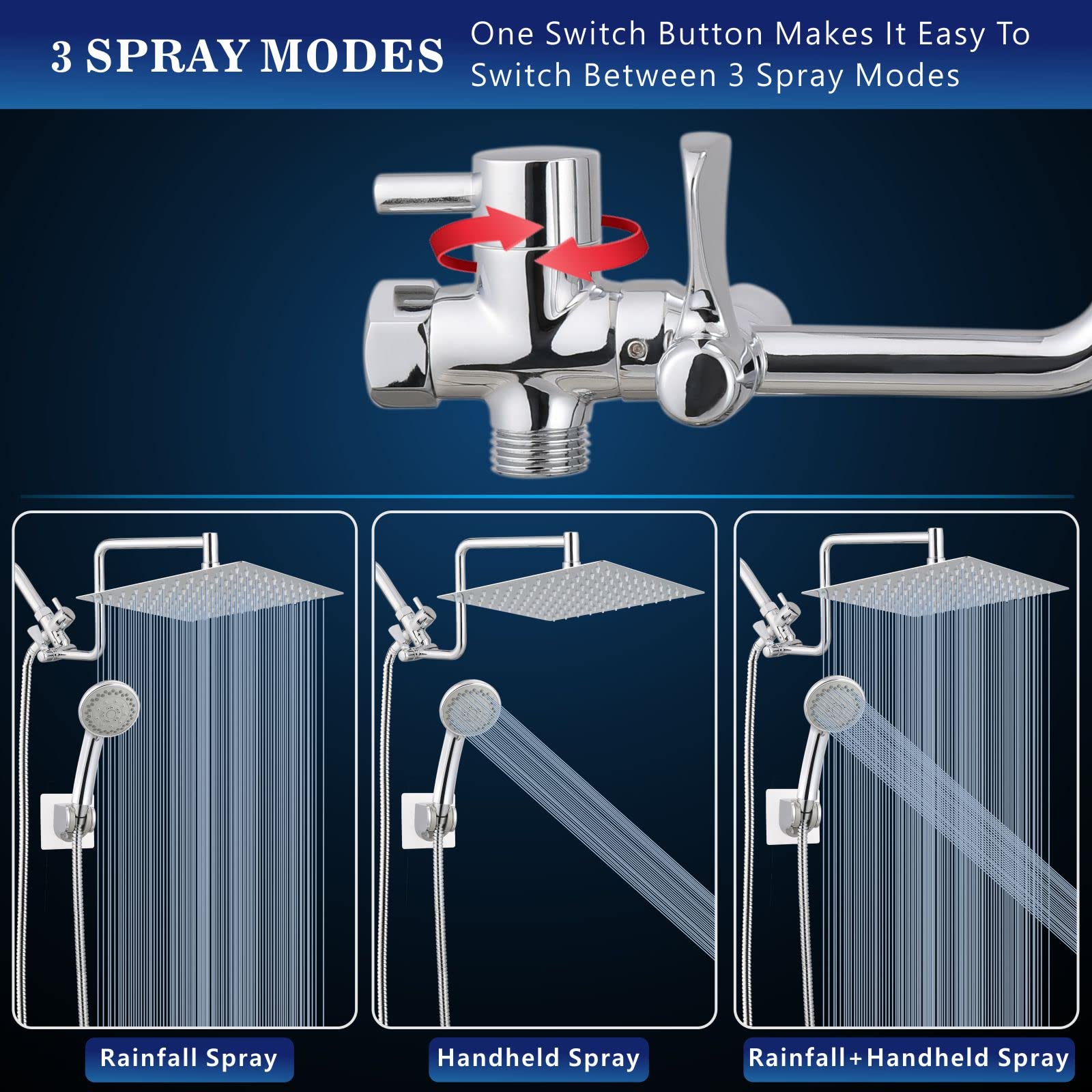Nuodan Dual Shower Head, 10'' High Pressure Rain Shower Head / 5 Spray Handheld Showerhead Combo with 14'' Adjustable Shower Extension Arm, Hose and Adhesive Shower Holder (Chrome)