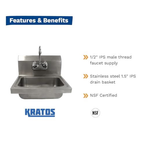 Kratos 28W-088 NSF Commercial Hand Sink with Gooseneck Faucet - 14"Wx10"Dx5"H Bowl