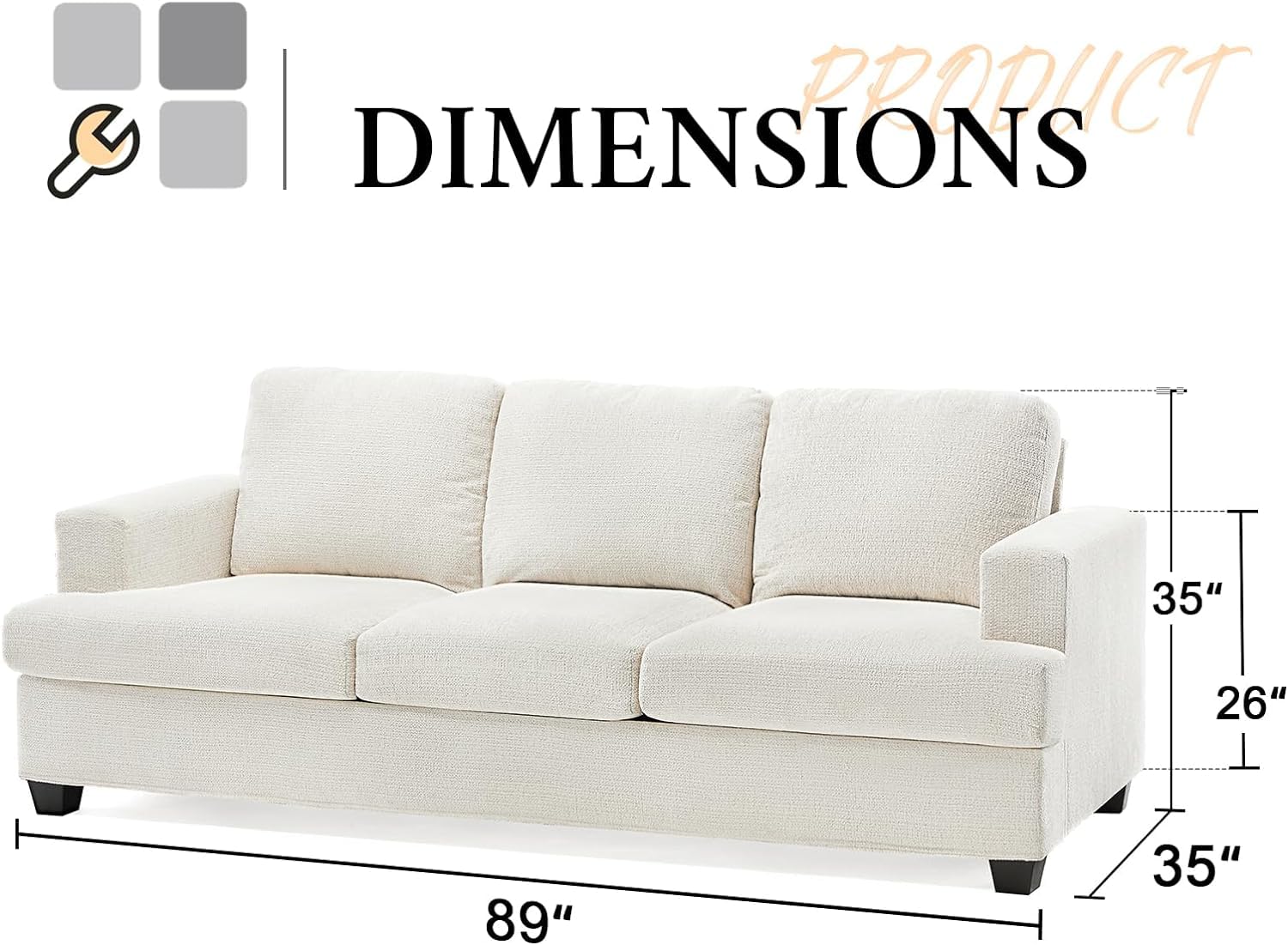 papababe Sofa, 3 Seater Modern Couches with Extra Deep Seats, 89 Inch Wide Comfy Couches for Living Room (Chenille, Beige)