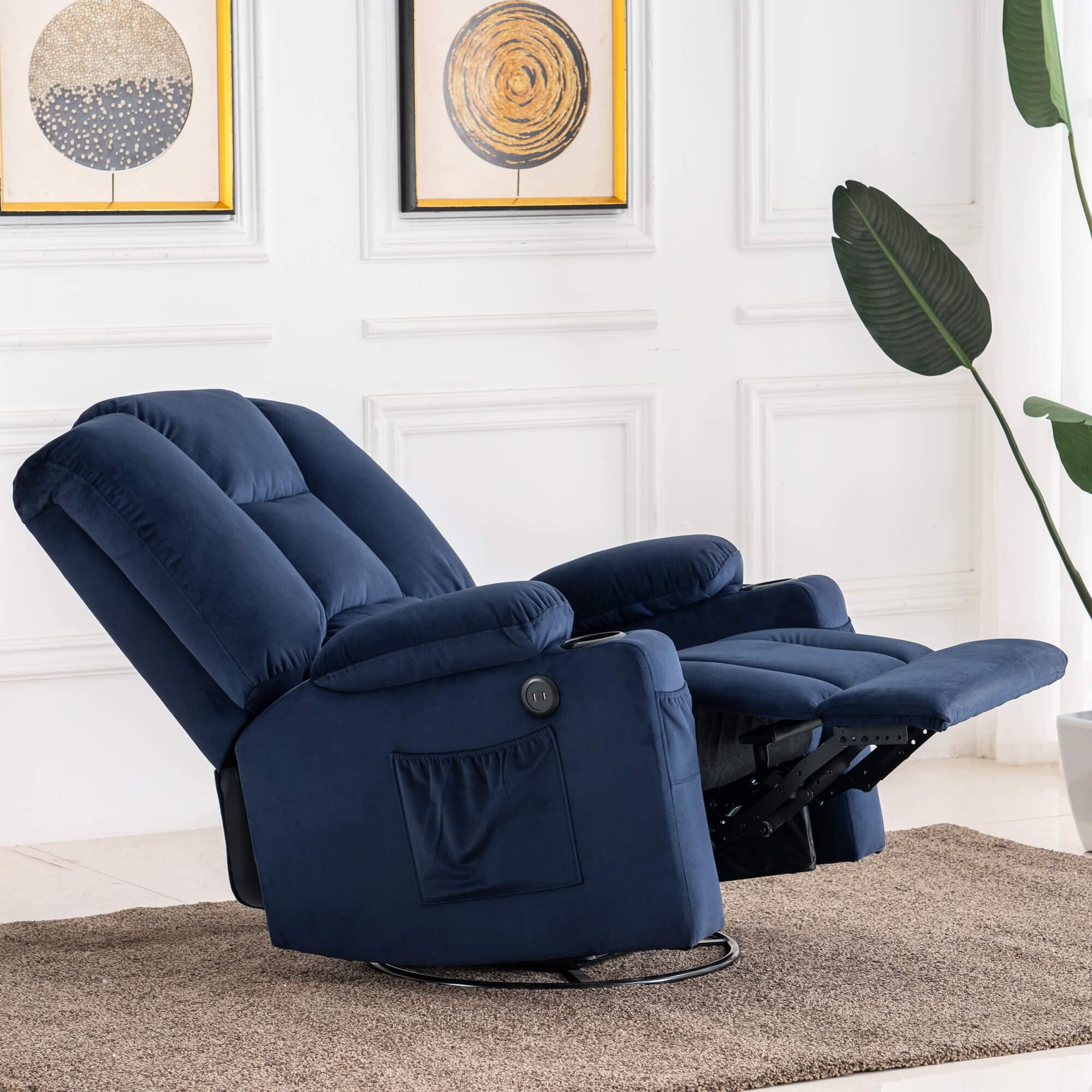 MCombo Manual Swivel Glider Rocker Recliner Chair with Heat and Massage, USB Ports, Cup Holders and Pockets, Fabric 6381 (Blue)