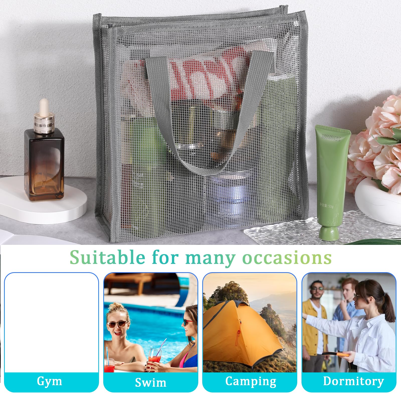 Mozeat Lens Mesh Shower Bag Grey Portable Mesh Shower Caddy Quick-Dry Tote Bag Dorm Toiletry Organizer Gym Shower Mesh Bag for Gym Travel Camping College Dorm Room Bathroom
