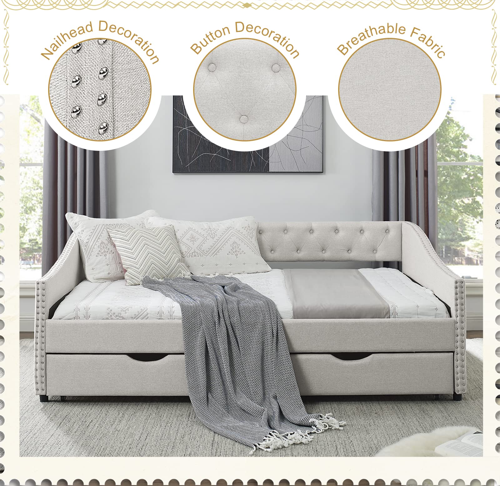 SmartDer Wood Queen Size Daybed, Day Bed Frame with 2 Storage Drawers, Upholstered Bed Frame Queen Sofa Bed with Button and Nailhead Design for Bedroom Guest Room, No Box Spring Needed, Dark Grey