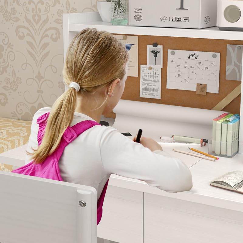 NKUGCFC White Kids Desk and Chair Set for 5-18 Year Old,Ergonomic Height Adjustable Childrens Study Desk with 2 Drawers,Kids Art Table with Storage-nv8nse