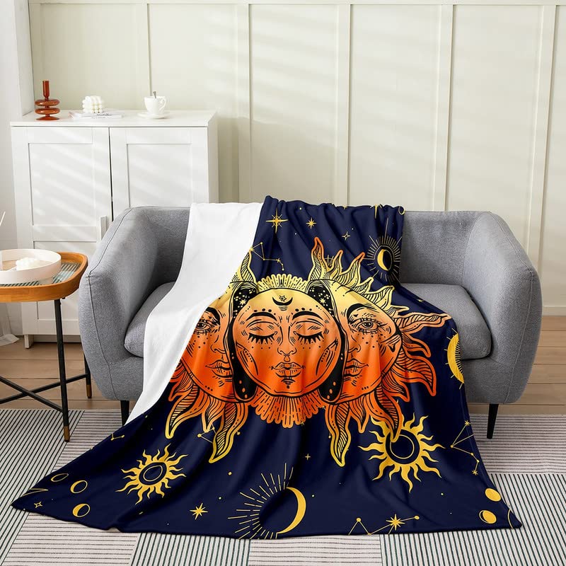 Sun Moon Flannel Fleece Throw Blanket Boho Exotic All Season Bed Blanket Room Decorative Bohemian Galaxy Fuzzy Blanket Astrology Space Cosmic Celestial Orange Plush Blanket Throw 50"x60"