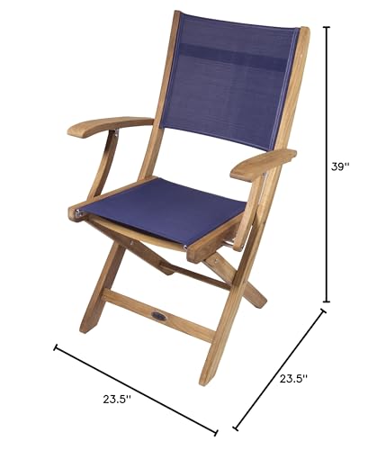SeaTeak Bimini Foldable Chair - Director’s Chair with Blue Durasling Fabric - Teak Folding Chair for Boat, Poolside, Patio, Camping, Outdoors