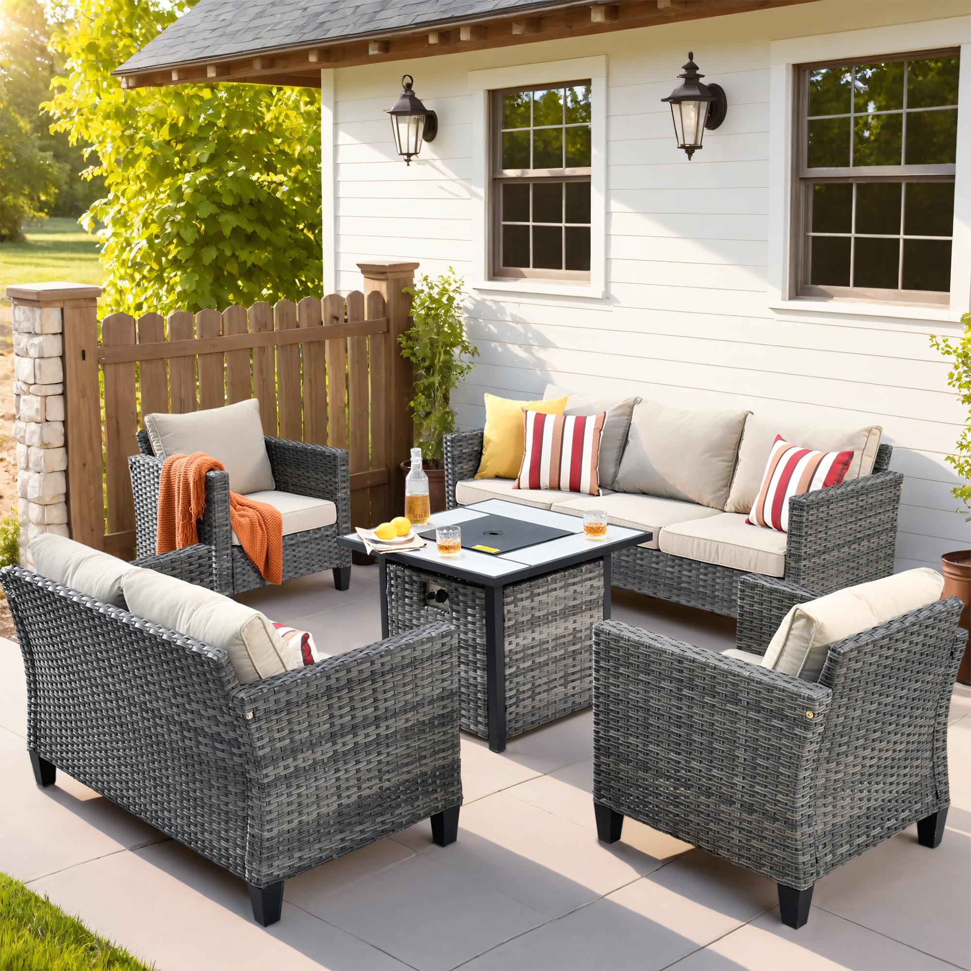XIZZI 5 Pieces Outdoor Wicker Patio Furniture Set, All-Weather Rattan Conversation Set with Cushions, Ideal for Garden, Patio, or Backyard, Grey Wicker Grey Cushion